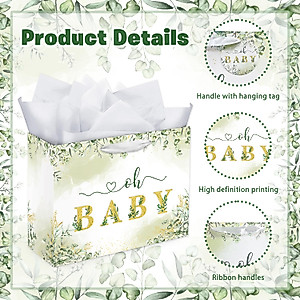 Mpanwen 16" Large Sage Green Baby Gift Bag, Baby Gift Bag for Girl Boy with Tissue Papers and Card