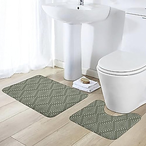 Bathroom Rug Set 2 Piece Decorative Diamonds Boho Sage Green Bath Rugs and U-Shaped Contour Toilet Rug, Non-Slip Bath Carpet Bath Mats for Bathroom 15.7"x23.6"