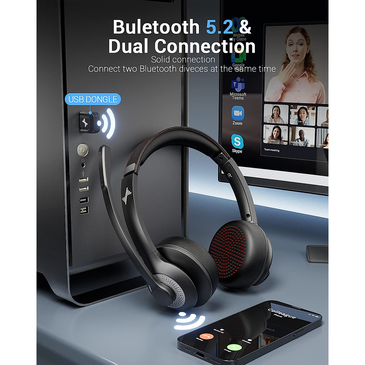 JIAMQISHI Wireless Headset with AI Noise Cancelling Microphone Bluetooth Headset - Bluetooth V5.2 Headphones with Mic Mute for Computer/Laptop/PC/iPhone/Android/Cell Phones/Zoom/Ms Teams-Black