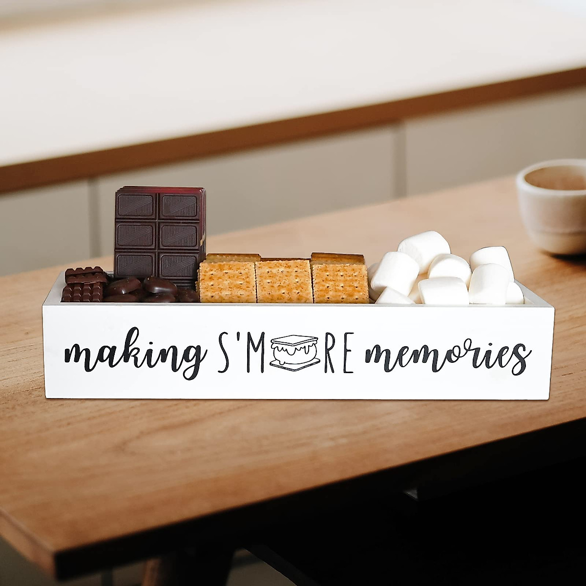 S'Mores Station Box, Farmhouse S’more Bar holder with Cutout Handle, Wooden Smores Caddy, Smores Accessories Organizer, Smores Supplies Container, Smores Serving Tray (White)