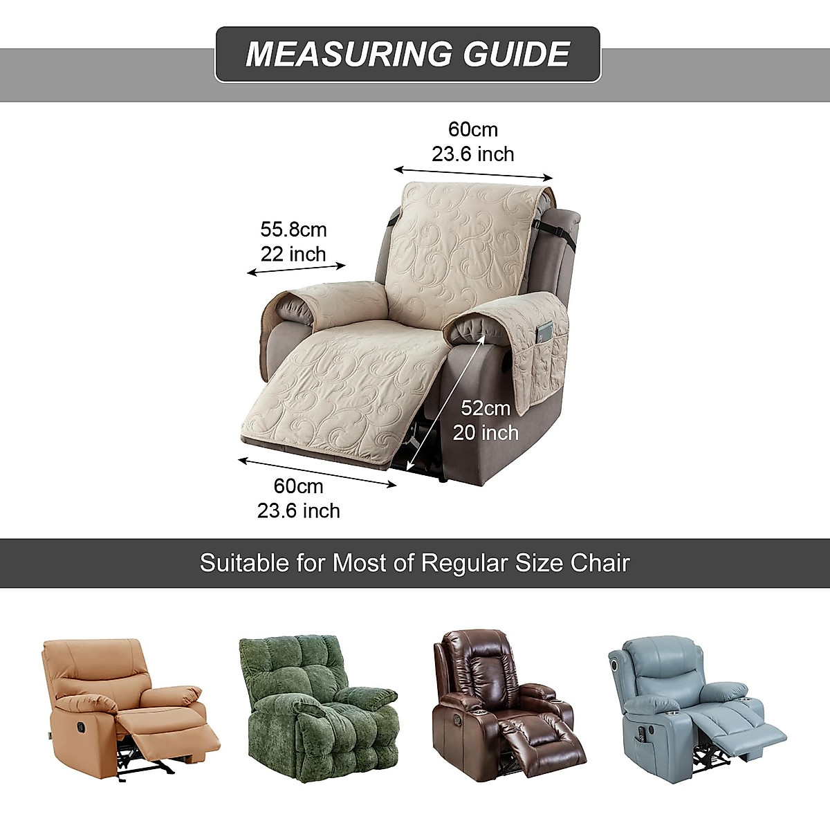 100% Waterproof Recliner Chair Cover, Recliner Chair Covers for Reclining Chair, Non-Slip Fabric Recliner Couch Cover for Living Room, for Pets Kids Protector, Washable (Beige, 23"Recliner Chair)
