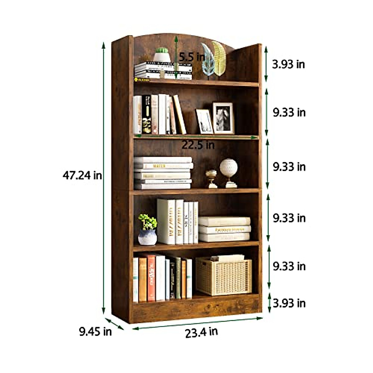 MIN WIN 5-Tier Open Bookcase and Bookshelf, 47.24" Tall Shelf Wood Bookcase with Storage Rack Shelf,Standing Display Shelf Units for Home Office, Living Room, Entryway, Kitchen-Antique