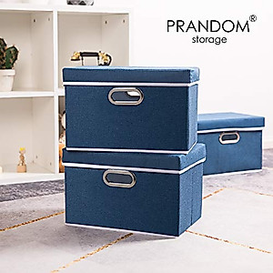 PRANDOM Foldable Storage Bin with Lid [5-Pack] Linen Fabric Decorative Storage Box Organizer Container Basket Cube with Handles Divider for Closet Office Living Room Royal Blue(14.9x9.8x9.8)