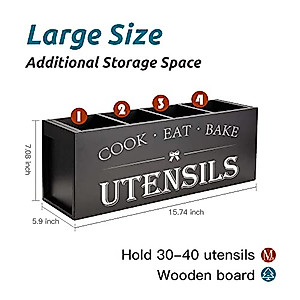 Suli Extra Large Kitchen Utensils Holder with 4 Compartments, Wooden Utensil Organizer for Kitchen Countertop, Farmhouse Kitchen Decor, Rustic Cooking Utensil - Black