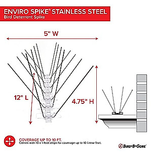 Bird B Gone - Pre-Assembled EnviroSpike Stainless Steel Anti Bird Spikes (10') - UV-Stabilized Polycarbonate Base - Humane Deterrent - Stops Pigeons & Birds from Roosting On Rooftops, Ledges, Fences