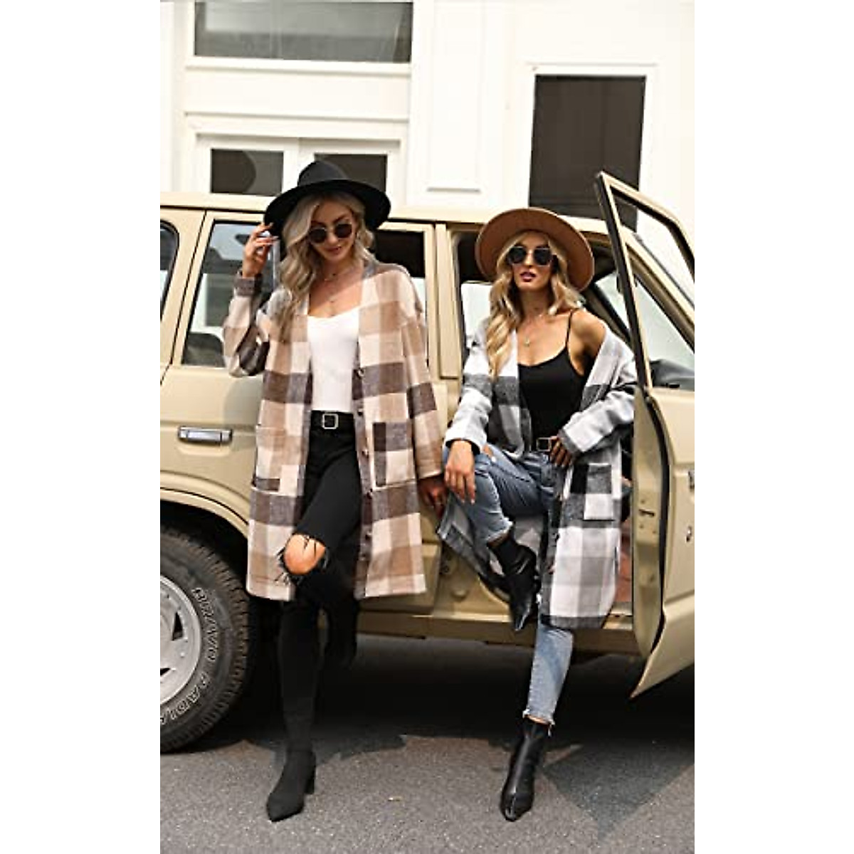 ECOWISH Women Jacket Flannel Coat - Fall Plaid Shacket Long Sleeve Button Trench Cardigan Outfits Casual Outwear Black White Medium