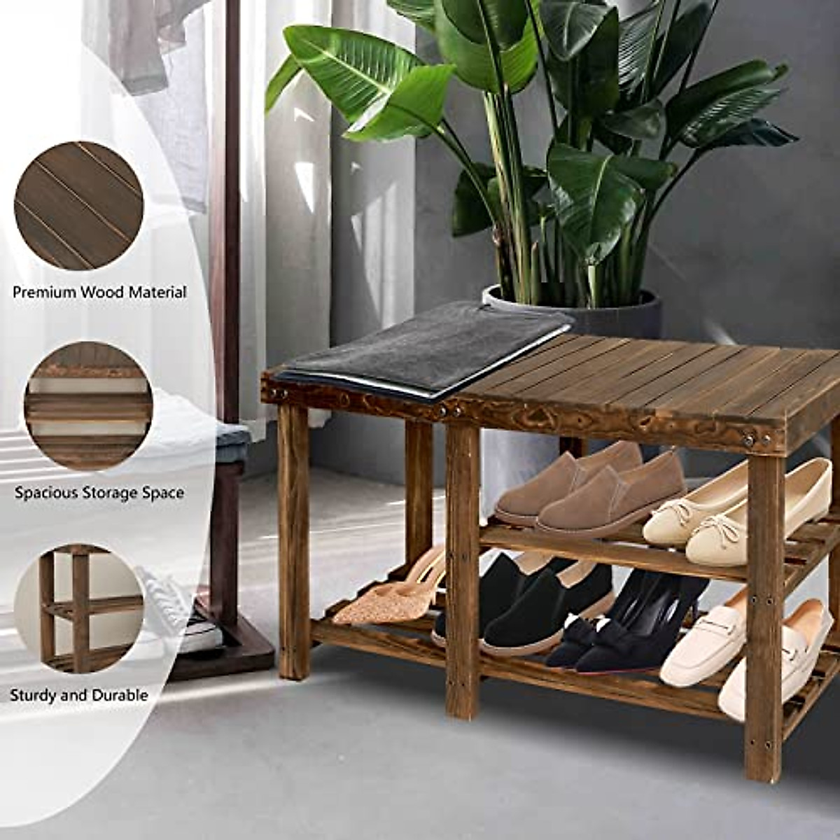 ECOMEX Shoe Rack Bench, 3-Tier Wood Shoe Bench with Boot Organizer, Free Standing Shoe Racks Bench, Storage Shoe Shelf for Entryway Hallway Bedroom, Balcony, Brown