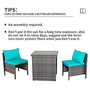 3 Piece Outdoor PE Rattan Furniture Bistro Set Patio Wicker Conversation Chair with Glass Top Table Space Saving Design, Turquoise Cushion