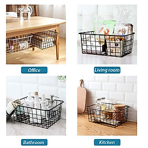 Wire Storage Baskets, 4 Pack Metal Household Organizer with 4 Pcs Fabric Liners, Refrigerator Bin with Handles, for Pantry, Shelf, Freezer, Kitchen Cabinet, Bathroom, Countertop, Closets (Black)