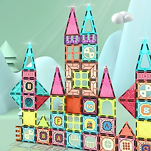 Magnetic Tiles Building Blocks with 4 Cars Magnet Train Set for Kids Construction STEM Toy Preschool Educational Creativity Learning Brithday Gift for Girls Boys Toddlers 3 4 5 6 7 8