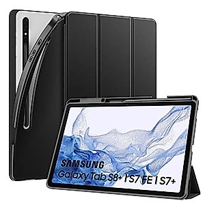MoKo Case Fits Samsung Galaxy Tab S8 Plus 12.4 Inch 2022 (SM-X800/SM-X806) /S7 FE 2021/S7 Plus 2020, Shockproof Full Body Trifold Stand TPU Back Cover Case with Pen Holder Slot/Auto-Wake, Black