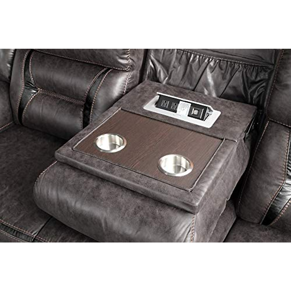 Roundhill Furniture Elkton Manual Motion Reclining Sofa and Loveseat with Storage Console, Dark Chesnut