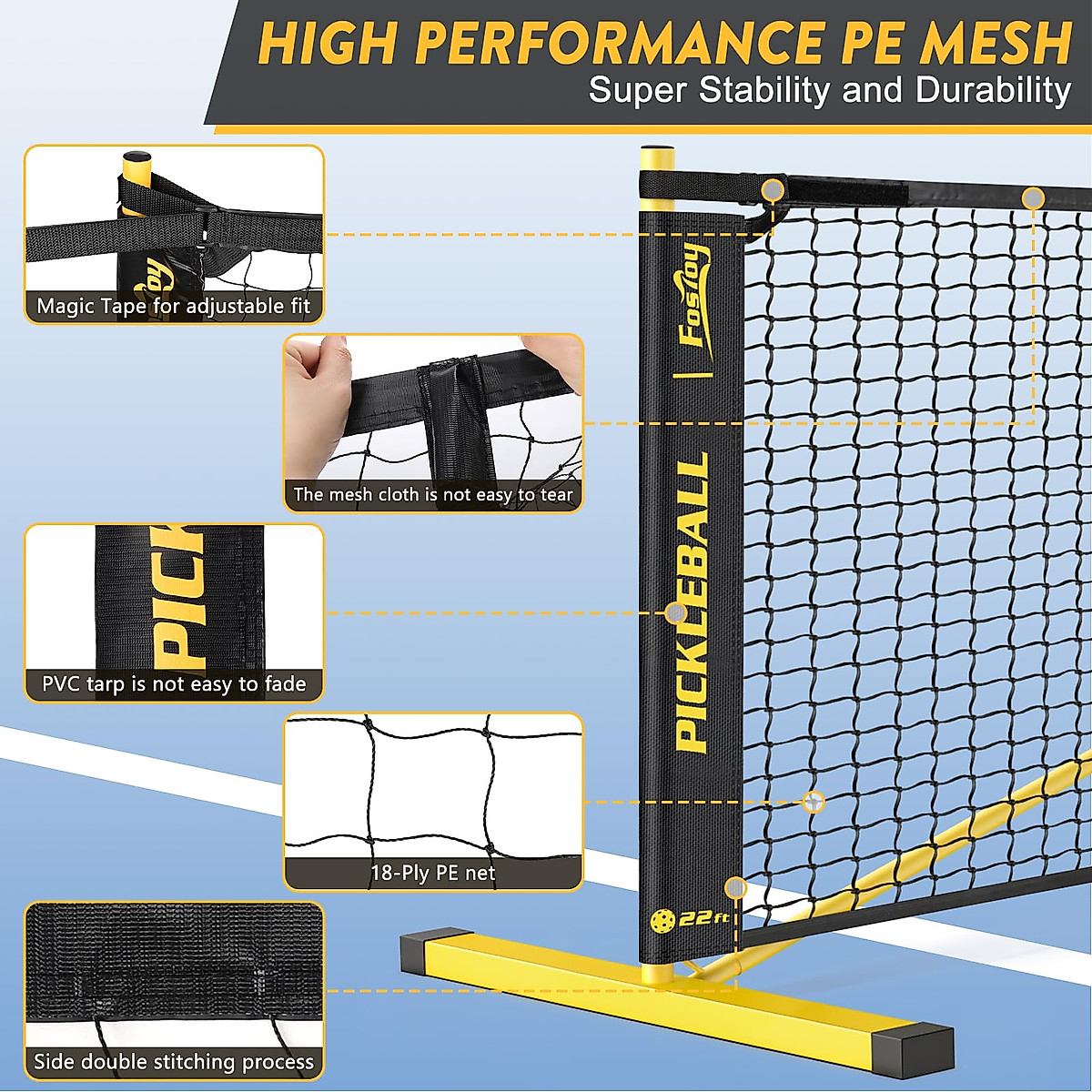 Fostoy Portable Pickleball Net Set, 22FT Regulation Size 18-Ply PE Pickleball Net,Carry Bag, Weather Resistant Steady Metal Frame Easy Setup for Outdoor Indoor Driveway