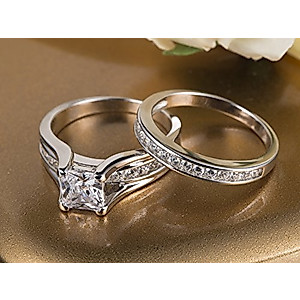 MABELLA Wedding Ring Sets Couples Rings Women's Size 10 Sterling Silver Princess Cubic Zirconia Men’s Size 12 Stainless Steel Bands