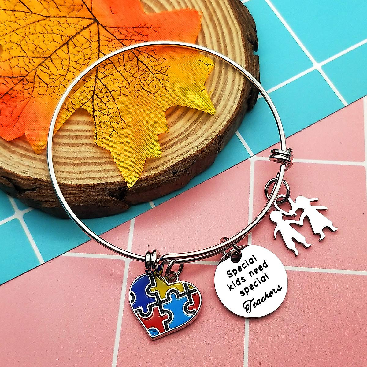 Autism Teacher Bracelet for Autism Teacher Gift for Autism Awareness Bracelet Autism Awareness Gift Autism Charm Bangle for Autism Awareness Educator Gift Jewelry for Autism Teachers Appreciation Gift