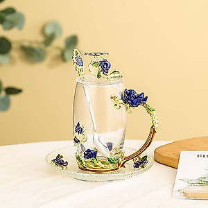 Glass Tea Cup Coffee Mug, Handicraft 3D Vintage Flower Cup with Lid Coaster and Tea Spoon, Unique Butterfly and Blue Rose Enamel Design, Best Gift Decoration (350ml, 11.84 oz)