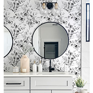 HAOKHOME 93042-2 Peel and Stick Wallpaper Boho Black/Grey/White Eucalyptus Leaf Floral Wall Mural Home Nursery Boho Contact Paper 17.7in x 9.8ft