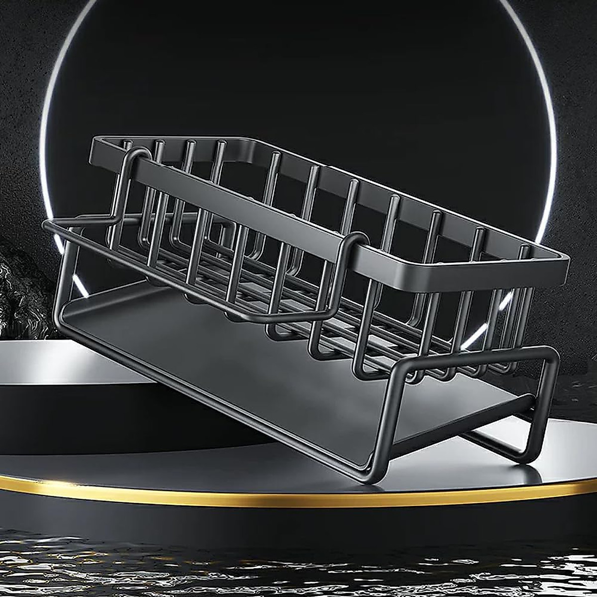 MINGFANITY Sponge Holder for Kitchen Sink with Drain Tray, Neat Kitchen Sink Caddy - Kitchen Sink Organizer - Quick Draining（Matte Black）