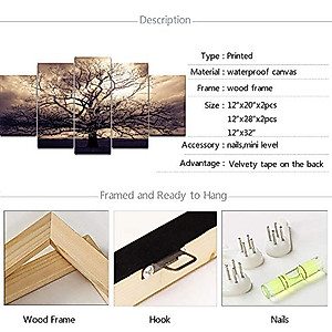 sechars - 5 Piece Large Canvas Wall Art Sepia Tree of Life Picture Photo Art Print on Canvas Mysterious Fantasy Forest Artwork for Home Office Living Room Decor Gallery Wrap Ready to Hang