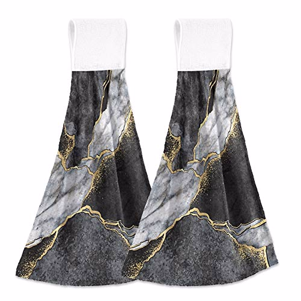 Oarencol Marble Kitchen Hand Towel Black White Gold Stone Art Absorbent Hanging Tie Towels with Loop for Bathroom 2 Pcs