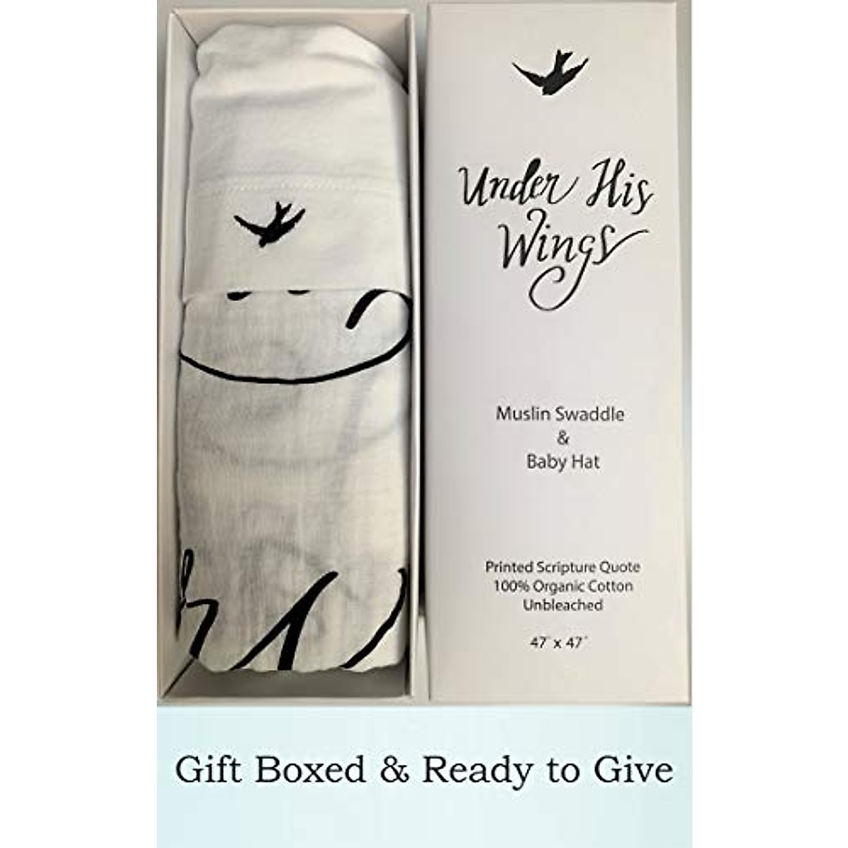 Under His Wings Muslin Swaddle & Bonus Baby Hat with Scripture Quote (Psalm 91) - 100% Organic Unbleached Cotton - Swaddle/Blanket is a Unique Shower & Baptism Gift -