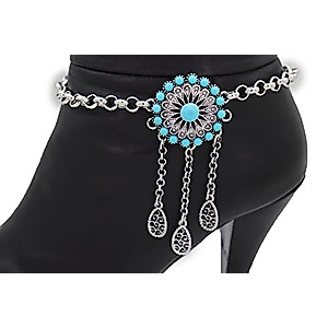 Women Western Fashion Jewelry Boot Bracelet Silver Metal Chain Shoe Anklet Turquoise Blue Beads Flower