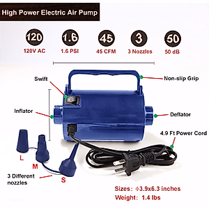 Electric Air Pump for Inflatable Pool Toys - High Power Quick-Fill Air Mattress Inflator Deflator Pump for Pool Float Raft Airbed with 3 Nozzles, 320W, 110V AC, 1.6PSI, Air Flow 26CFM