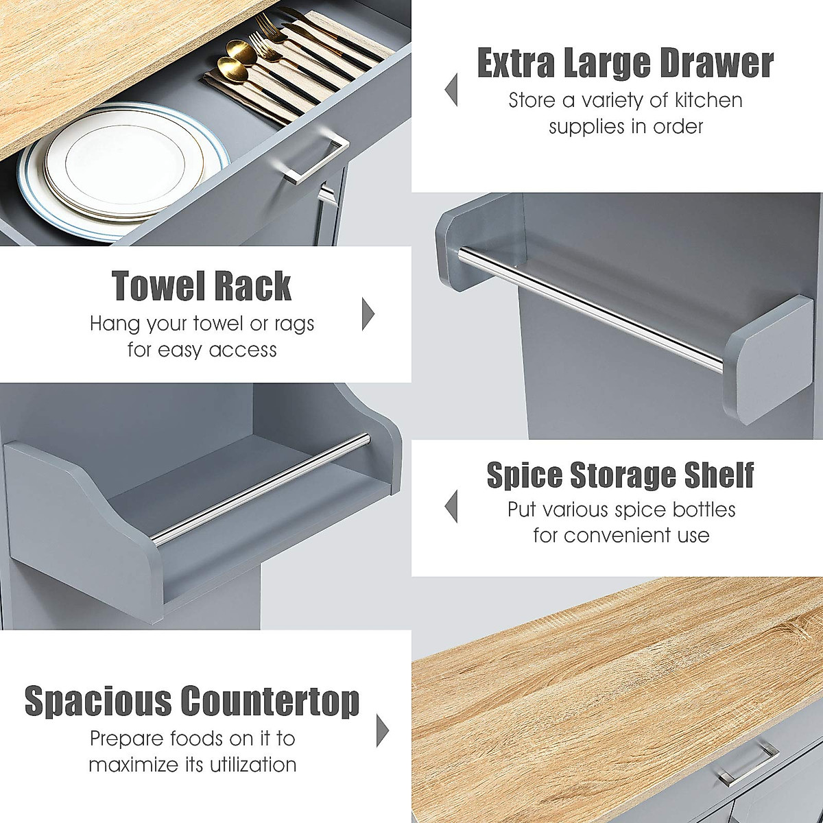 MEDIMALL Rolling Kitchen Island Cart with Storage, Serving Trolley Cart with Towel Rack, 3-Level Adjustable Shelf & Lockable Wheels, Mobile Island Table for Dining Room & Living Room, Gray