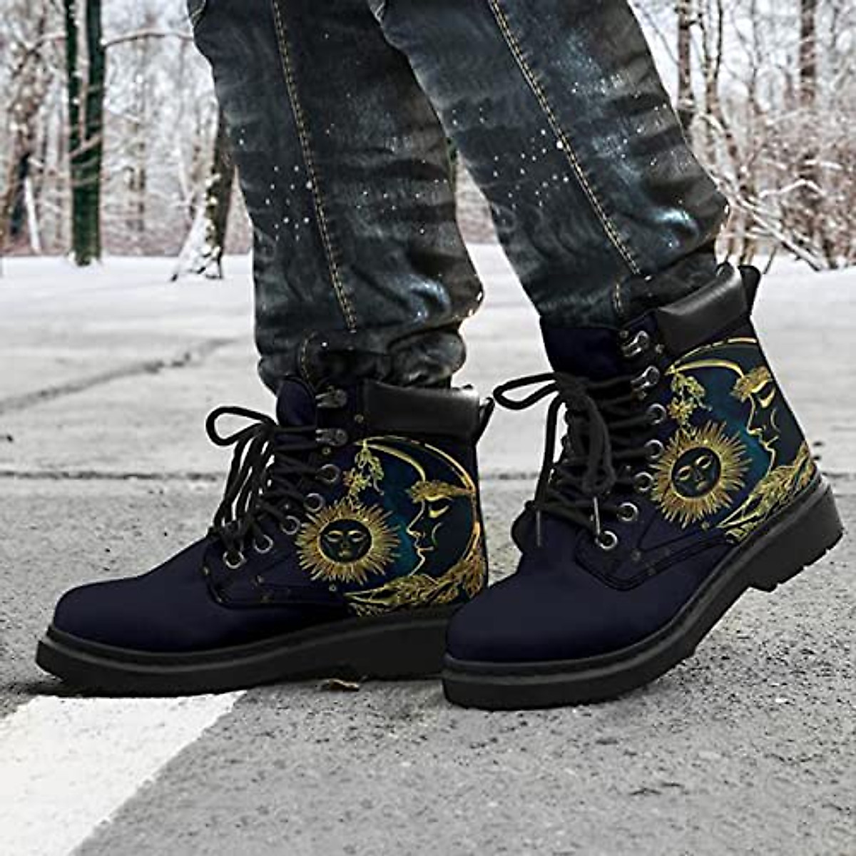 Women Ankle Boots Autumn and Winter Fashion Print Pattern Comfortable Round Toe Square Heel Lugs Woman