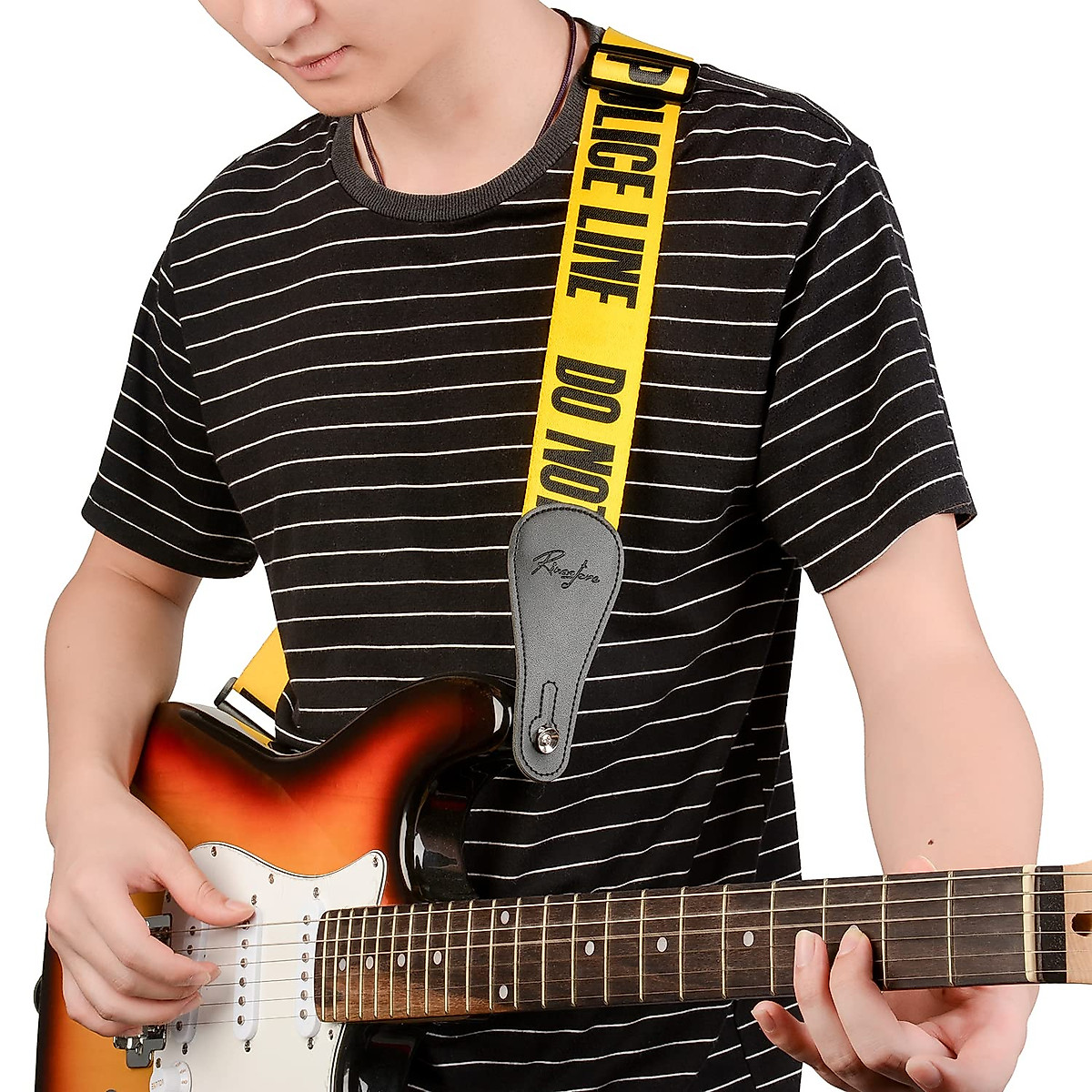Rinastore Guitar Strap Yellow POLICE LINE Includes Strap Button & 2 Strap Locks Shoulder Straps For Bass, Electric & Acoustic Guitars2
