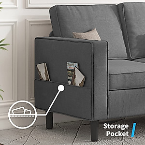 Mjkone Convertible Sectional Sofa Couch, 3-Seat L-Shaped Sofa with Storage Ottoman, Wooden Couch Legs Modern Linen Fabric Reversible Chaise for Living Room, Studio, Apartment- Deep Grey