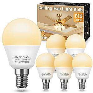 JandCase Ceiling Fan Light Bulbs, 6W E12 LED Bulbs 60Watt Equivalent, G14 LED Bulbs for Ceiling Fan, Chandelier, Table Lamp, Soft White 3000K, Non-dimmable, 6 Pack