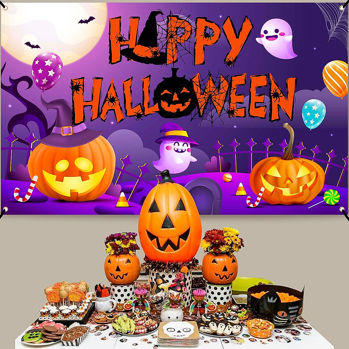 Large Happy Halloween Banner Backdrop 72x44 Inch, Spooky Pumpkin Happy Halloween Banner for Purple Halloween Party Decorations, Halloween Pumpkin Banner Photo Booth Background