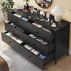 Hasuit 6 Drawers Double Dresser, Wooden Dresser with Heavy Sturdy Steel Frame, Large Capacity Storage Chest of Drawers, Black Dresser for Bedroom, Living Room, Entryway