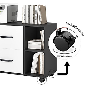 soges 2 Drawer Mobile Lateral File Cabinet, Office Filing Cabinet, Rolling Storage Cabinet, Printer Stand with Open Storage Shelves and Wheels, Black and White, CXWL-FC08BW