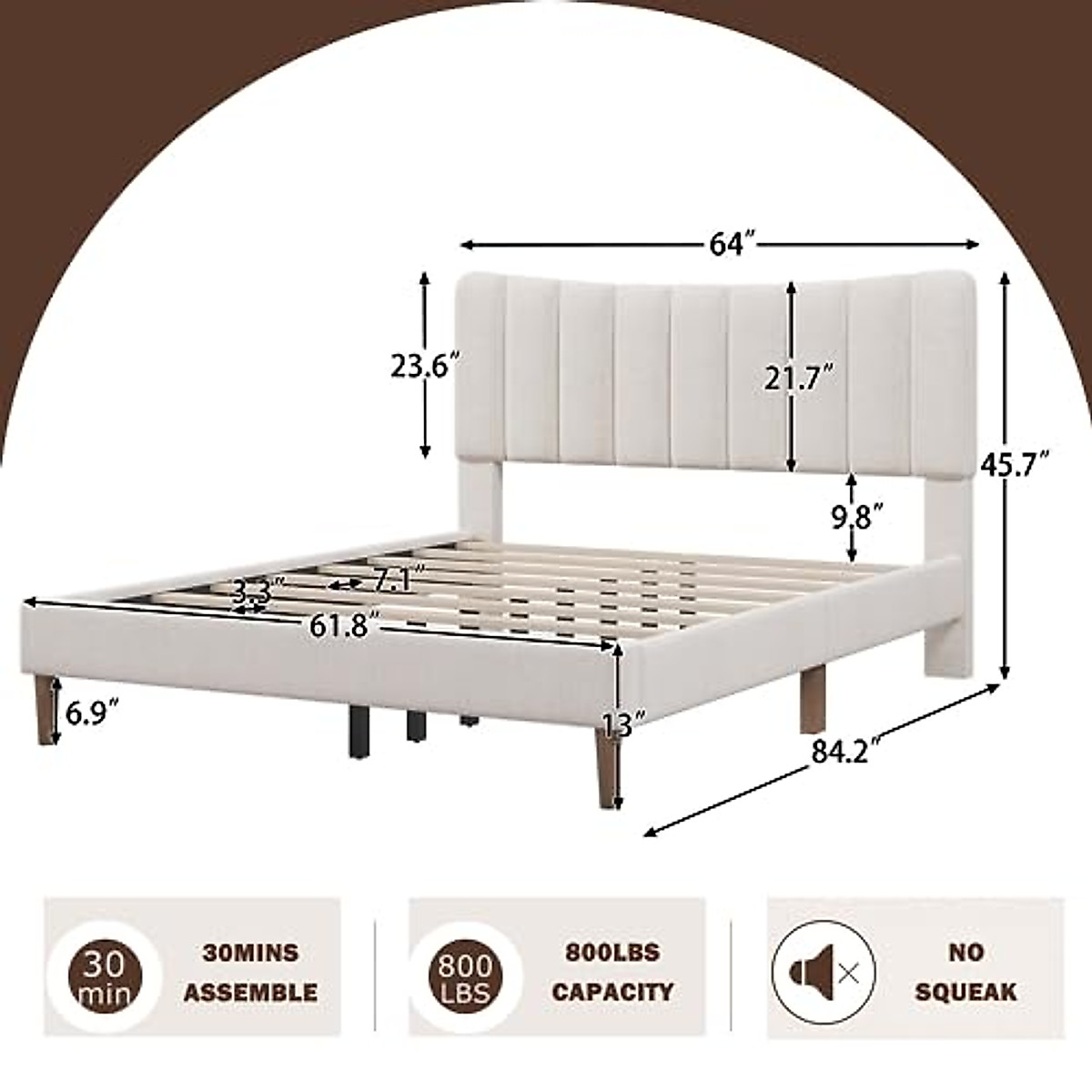 OTRIEK Queen Size Platform Bed, Modern Upholstered Platform Bed, Solid Wood Bed Frame with Vertical Channel Tufted Headboard, No Box Spring Needed for Boys Girls Bedroom (Cream)