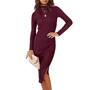 ANRABESS Women 2023 Fall Sweater Dress Turtleneck Long Sleeve Sexy Slim Fit Slit Boydcon Midi Dresses for Elegant Wedding Guest 308jiuhong-M Wine Red