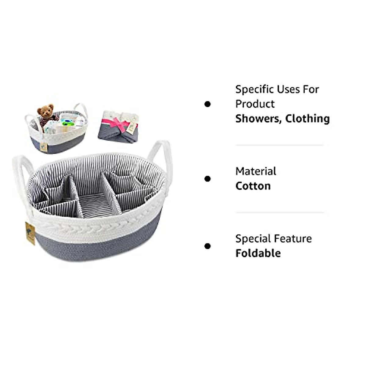 Lzellah Baby Diaper Caddy Organizer - Extra Large Nappy Caddy Rope Nursery Storage Bin - Baby Basket with 8 Pockets, 5 Compartments and 2 Removable Dividers