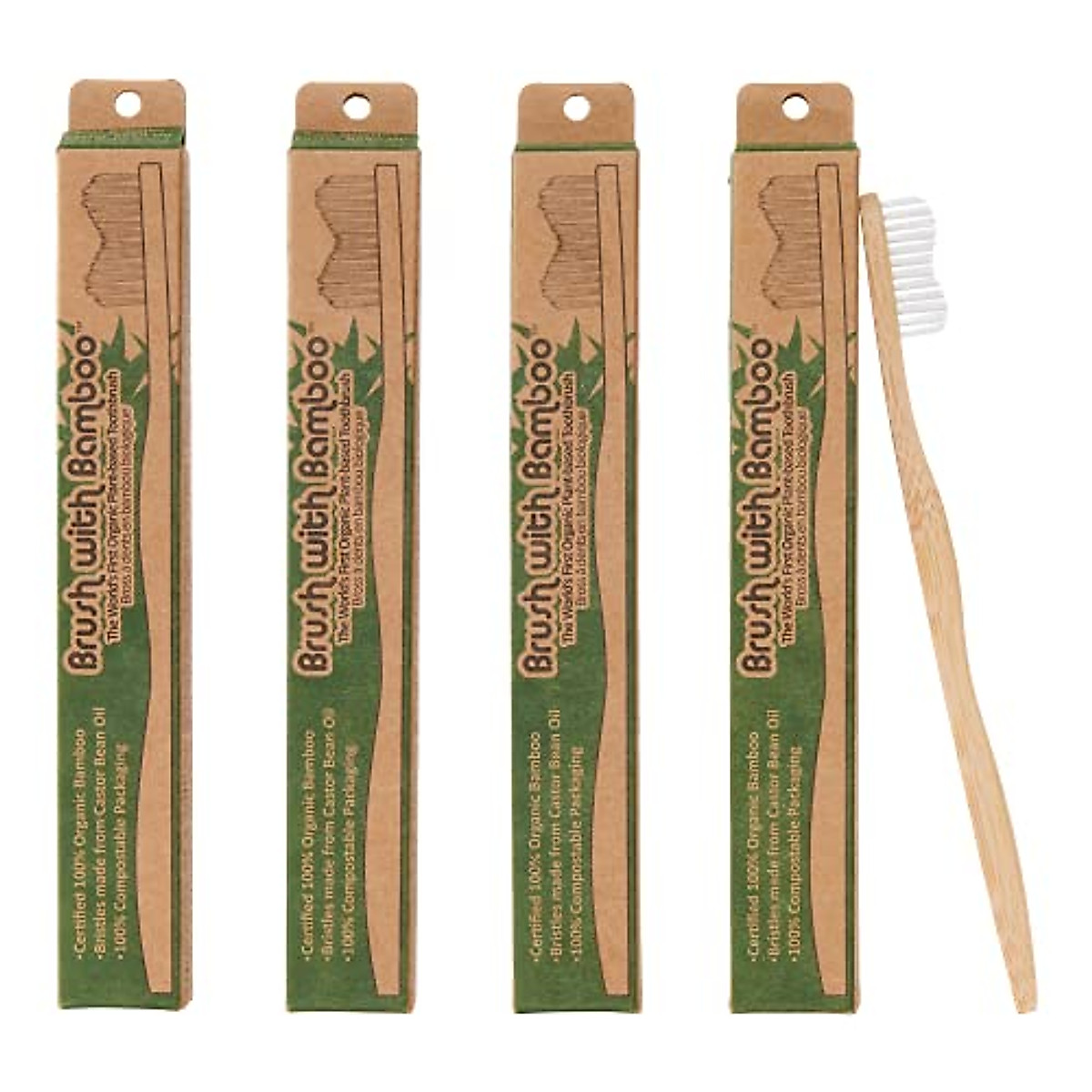 Brush with Bamboo Toothbrush with Plant-Based Bristles - 4 Pack