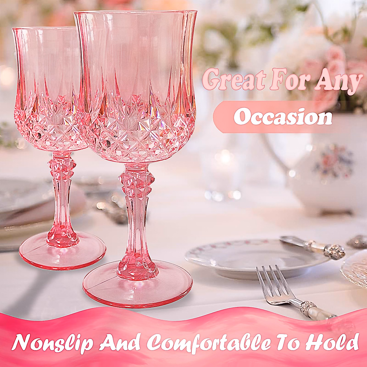 Veiuwa 24 Pcs Plastic Pink Wine Glasses，Plastic Cordial Glasses，Plastic Goblets，Pink Plastic Goblets，Plastic Wine Glasses，Can be Used for Weddings, Everyday Fun Parties and More!