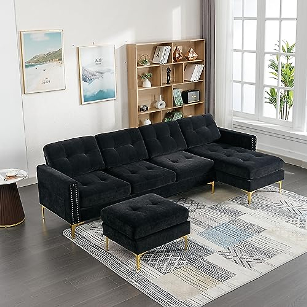 UBGO 110" Large Sofa,Living Room Furniture Sets,U/L-Shape Sectional Chaise Lounge and Convertible Ottoman,Velvet Couches for Apartment,Office (Black)