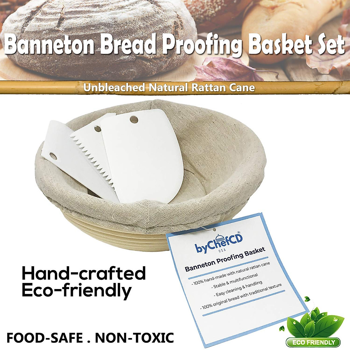 9 Inch Round Bread Basket Proofing Set- Banneton Bread Proofing Basket + Cloth Liner + Bowl Scraper + Smoother. For Home Bakers and Professionals- Great for Sourdough Starter ByChefCD