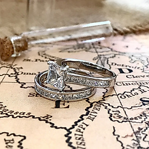 1.5 Carats Sterling Silver Cubic Zirconia Bridal Set Engagement Wedding Ring Bands Princess Cut