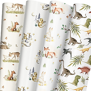 WAPLIGHAL Baby Shower Wrapping Paper Sheets for Boys Girls - Dragon Baby, Funny Dinosaur, Woodland Animals, Watercolor Design - Gift Wrapping Paper for Birthday, Easter, Holiday - 20 X 29 Inch Per Sheet (8 Precut Folded Sheets), Easy to Store