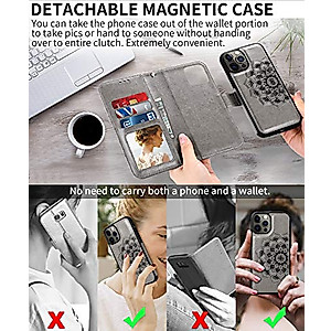 CASEOWL Wallet Case Compatible for iPhone 12 Pro Max,Magnetic Detachable Case Fit Magnetic Car Mount,Card Solts Holder, Embossed Mandala Pattern Flower Floral Leather Flip Wallet Case[Gray]