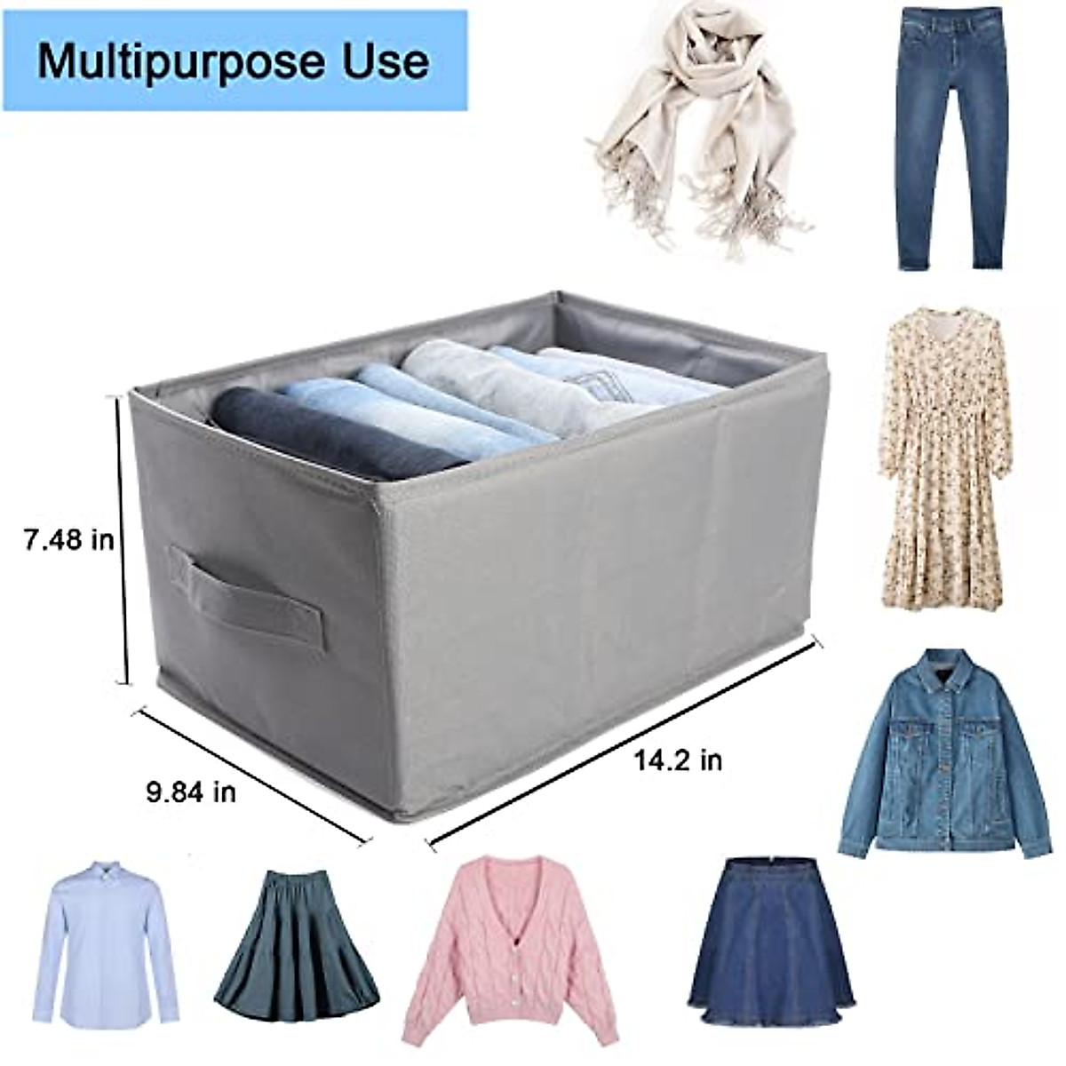 Wardrobe Closet Organizer Jeans Storage - 2pcs Large 7 Grids Foldable Clothes Drawer Organizition Washable Durable Oxford Fabric Divider with Handle for Leggings Sweaters Laundry Cabinet Bedroom Grey