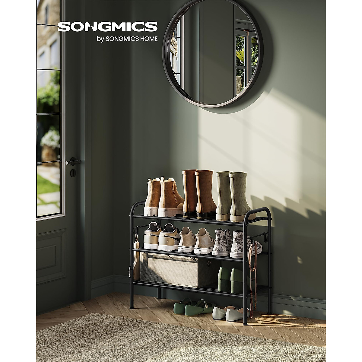 SONGMICS Shoe Rack, 3-Tier Shoe Organizer, Metal Shoe Shelf Storage with 4 Side Hooks, Holds 12 Pairs of Shoes, Height-Adjustable Shoe Rack for Entryway, Hallway, Closet, Easy Assembly, Ink Black