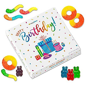 Happy Bites Happy Birthday Gummi Candy Gift Box with Gummi Bears, Sour Neon Gummi Worms, & Peach Gummi Rings - Gluten Free, Fat Free, Dairy Free