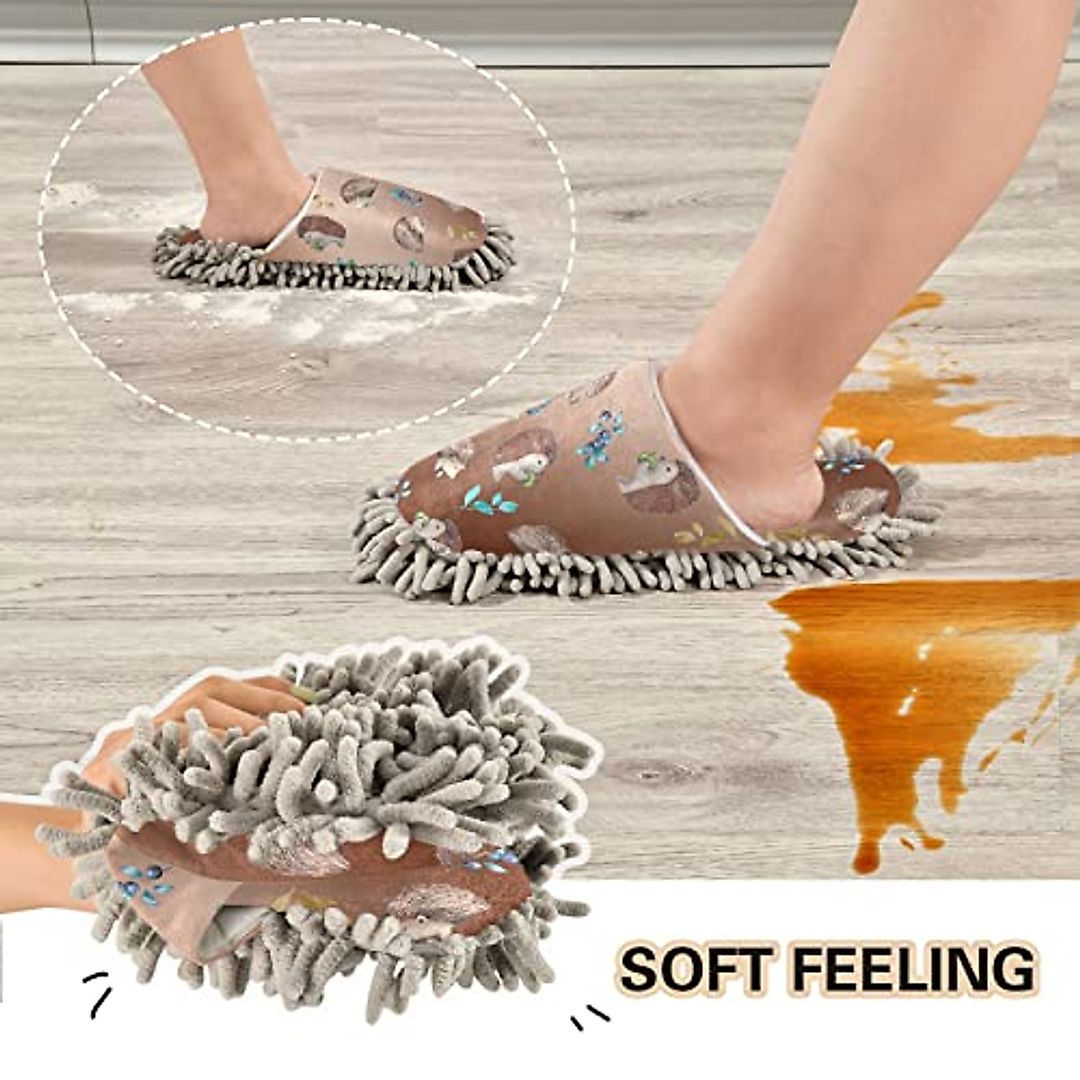 Kigai Microfiber Cleaning Slippers Hedgehog Flowers Washable Mop Shoes Slipper for Men/Women House Floor Dust Cleaner, Size L