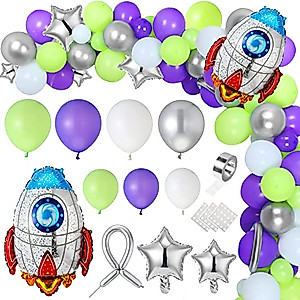 134 Pieces Buzz Birthday Party Balloon Garland Arch Kit 10 5 inch Purple Green Silver White Latex Balloons with Rocket Star Foil Balloon for Buzz Themed Birthday Party Decorations